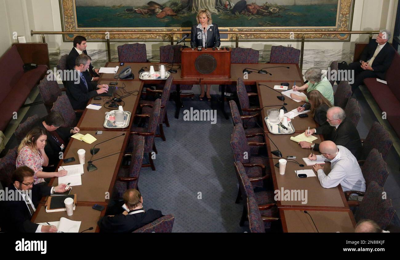 Oklahoma Gov. Mary Fallin, center, speaks to a legislative forum hosted ...