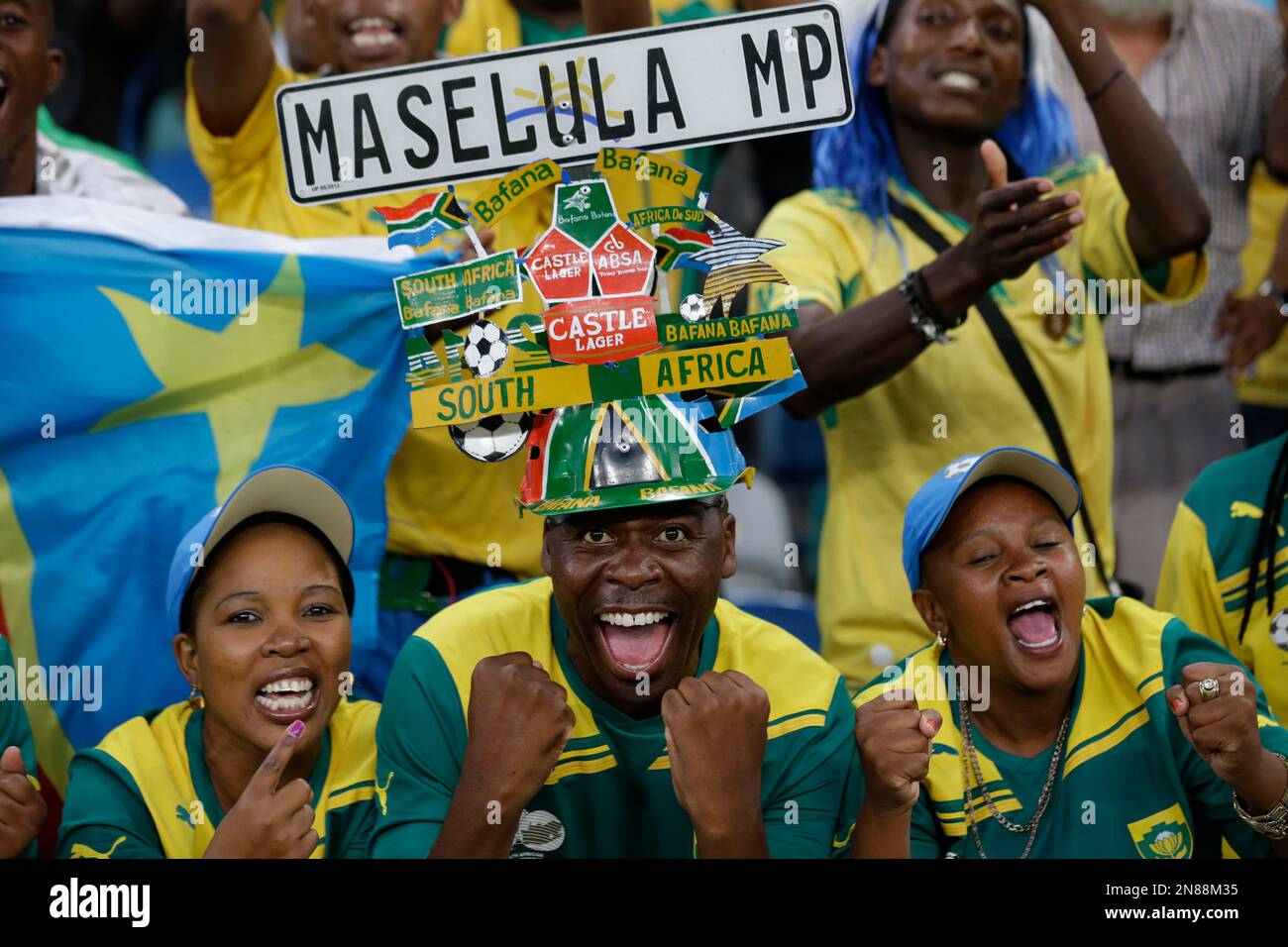 South Africa fans cheer after their team defeated Angola 2-0 in their ...