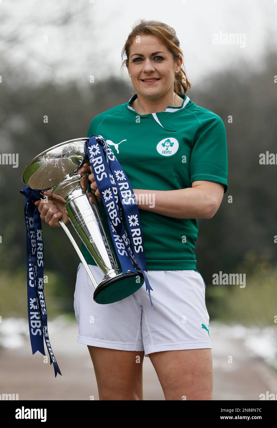 Women's team captain Fiona Coughlan of Ireland poses with the trophy ...
