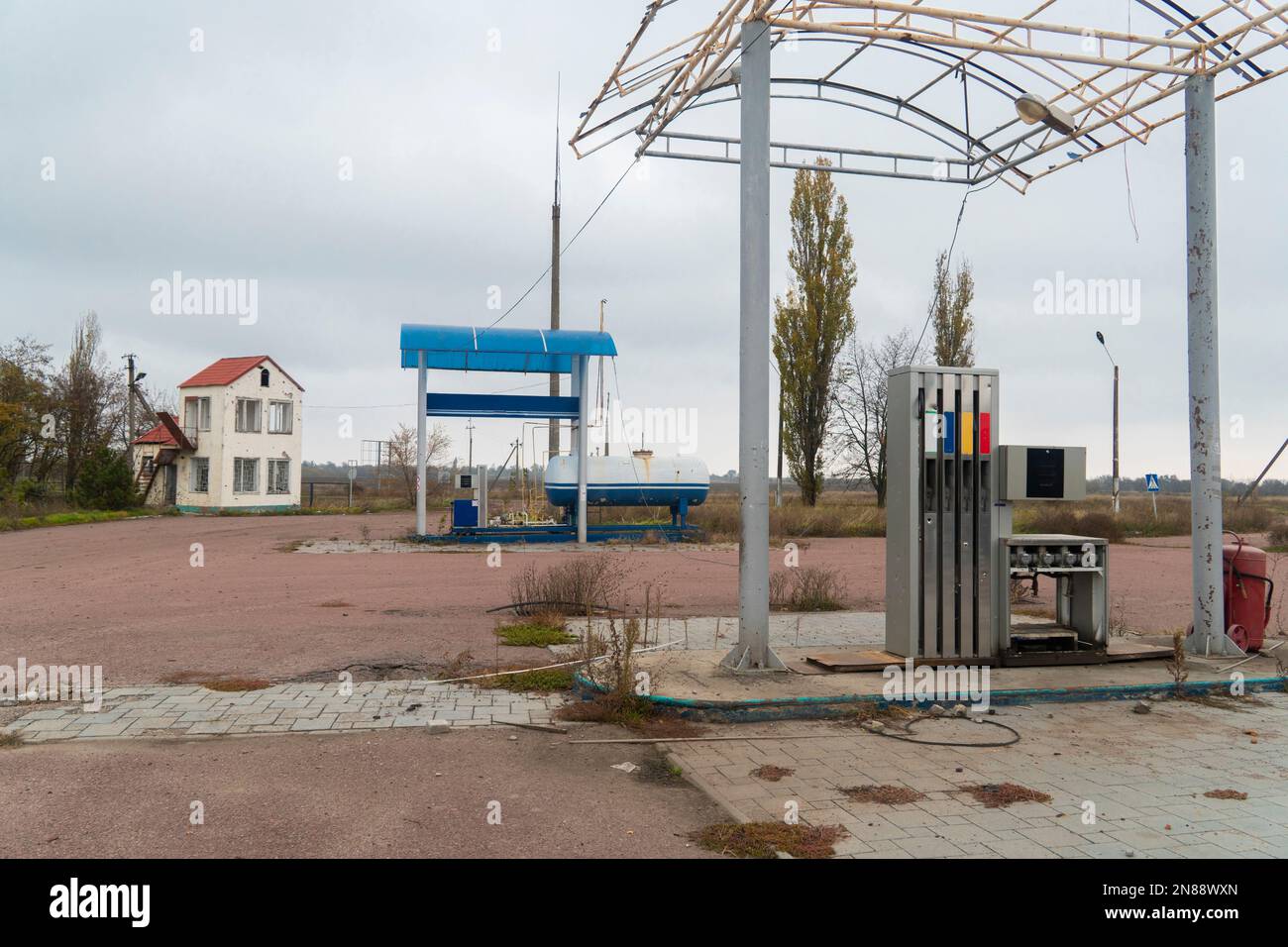 Gas station damaged by shelling. War in Ukraine. Russian invasion of ...