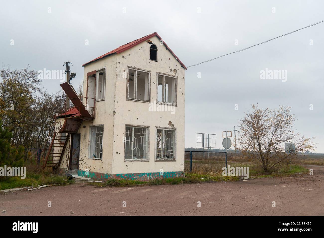 Technical building damaged by shelling. War in Ukraine. Russian ...
