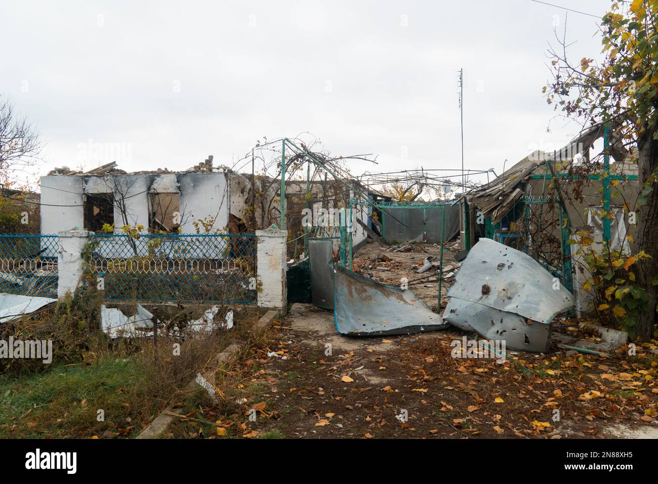 Countryside. House destroyed by shelling. Destruction of infrastructure ...