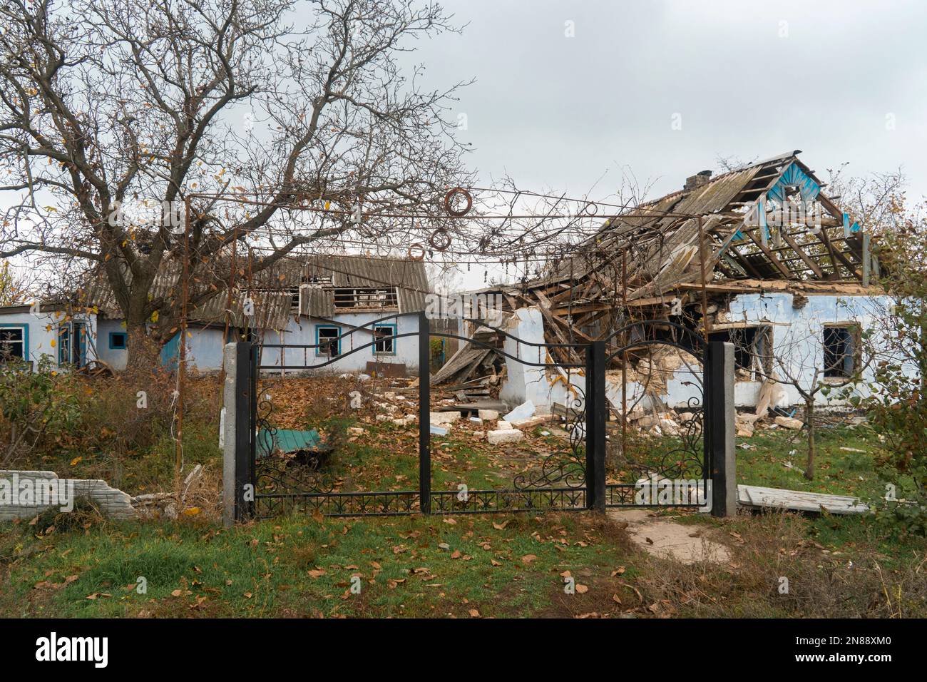 Countryside. House destroyed by shelling. Destruction of infrastructure ...