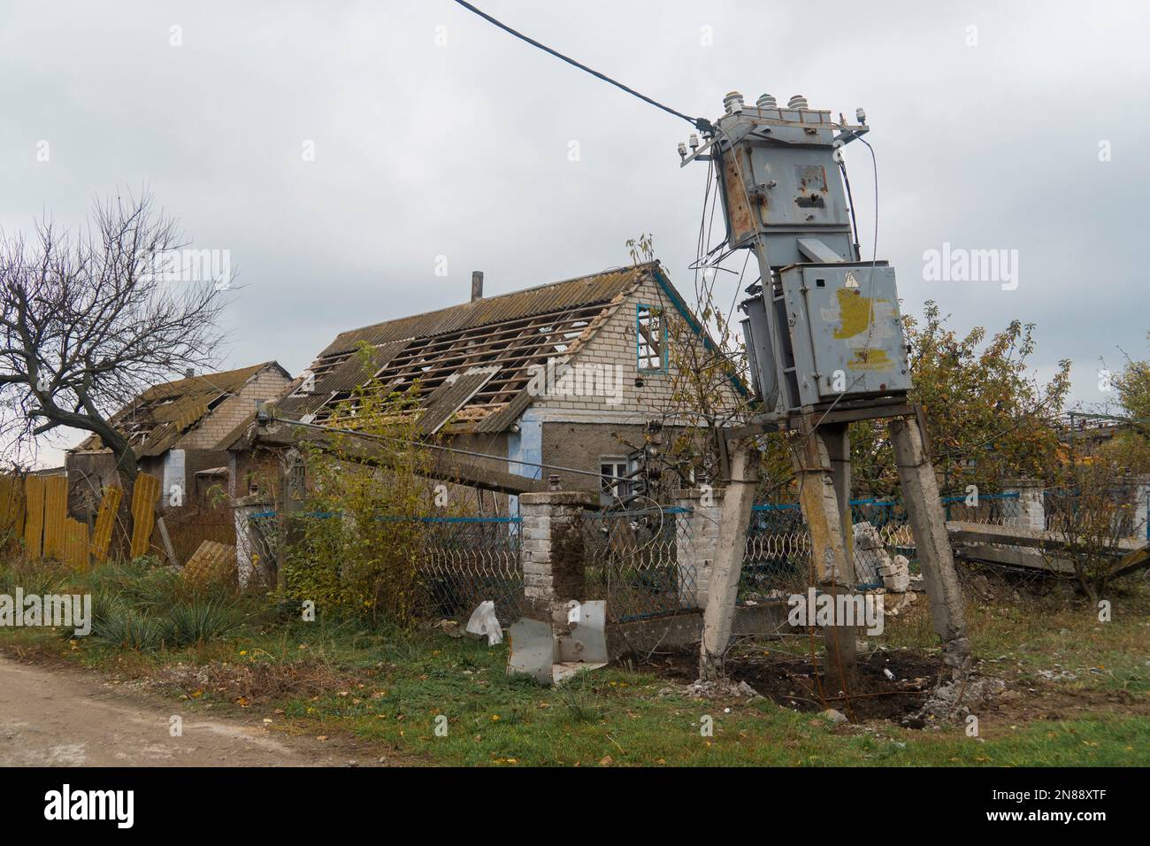 Countryside. Electrical transformer damaged by shelling. War in Ukraine ...