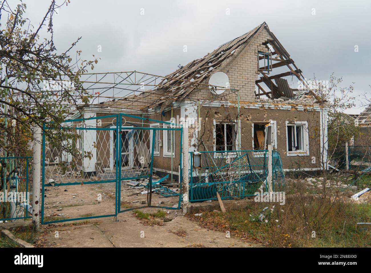 Countryside. House destroyed by shelling. Destruction of infrastructure ...