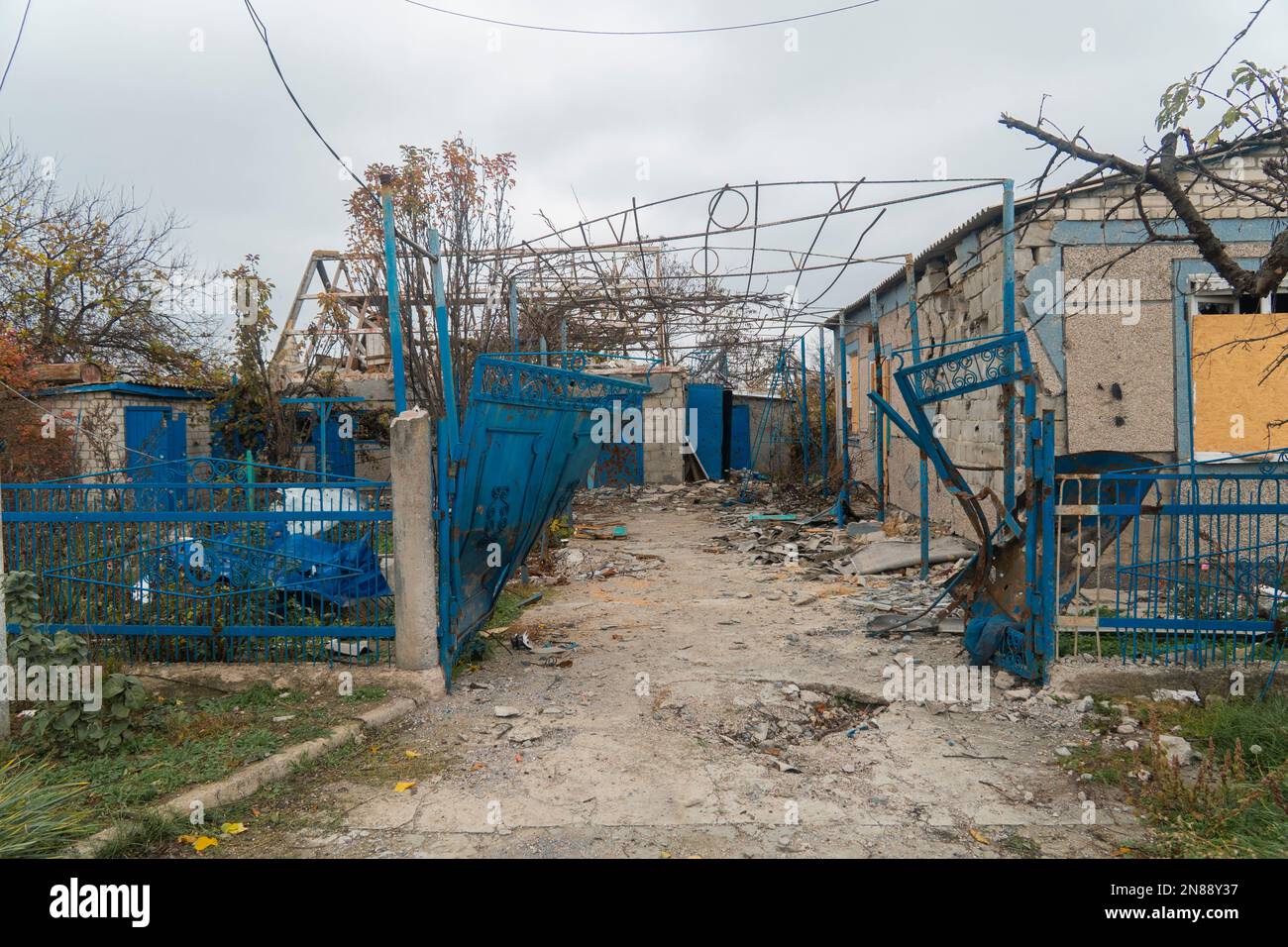 Countryside. House destroyed by shelling. Destruction of infrastructure ...