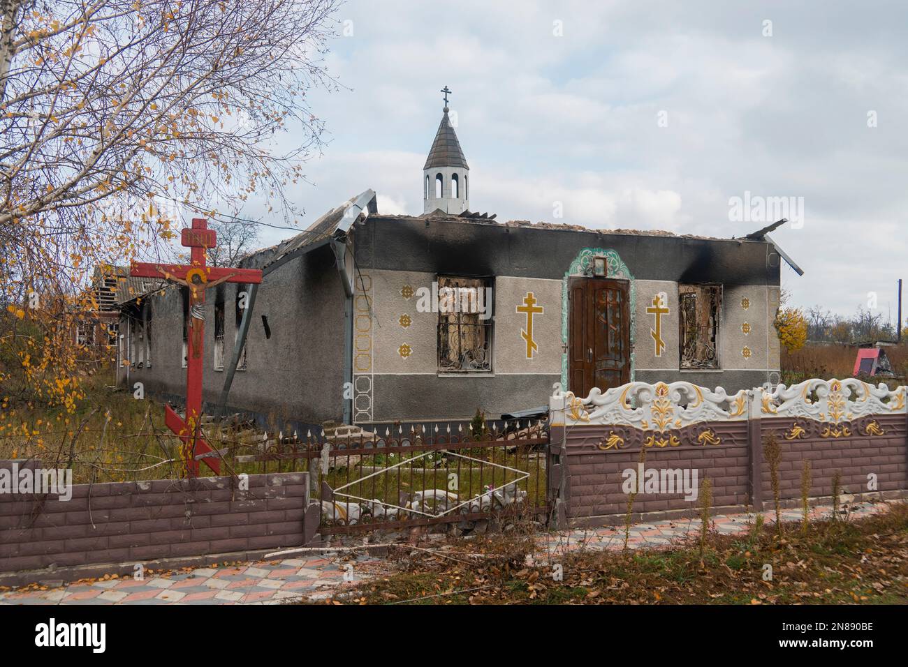 Countryside. Damaged after the shelling of the Orthodox Church. War in ...