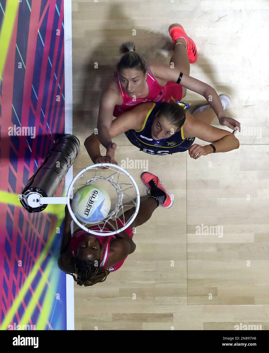 Leeds Rhinos' Ellie Bird (middle) shoots during the Netball Season ...