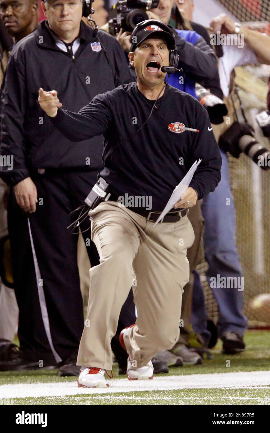 San Francisco 49ers head coach Jim Harbaugh reacts to a call during the ...