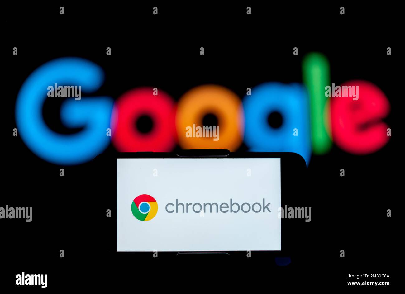 In this photo illustration, the logo of chromebook is seen displayed on ...