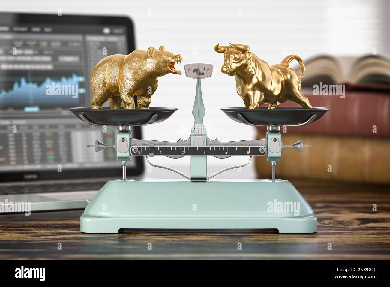 Bull and bear on a balance scales. Bearish or bullish market trends on ...