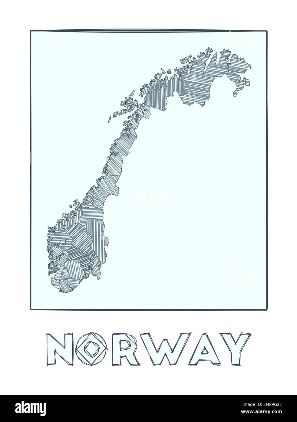 Sketch map of Norway. Grayscale hand drawn map of the country. Filled ...