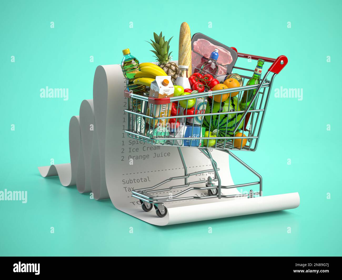 Shopping cart with foods on receipt. Grocery expenses budget, inflation ...