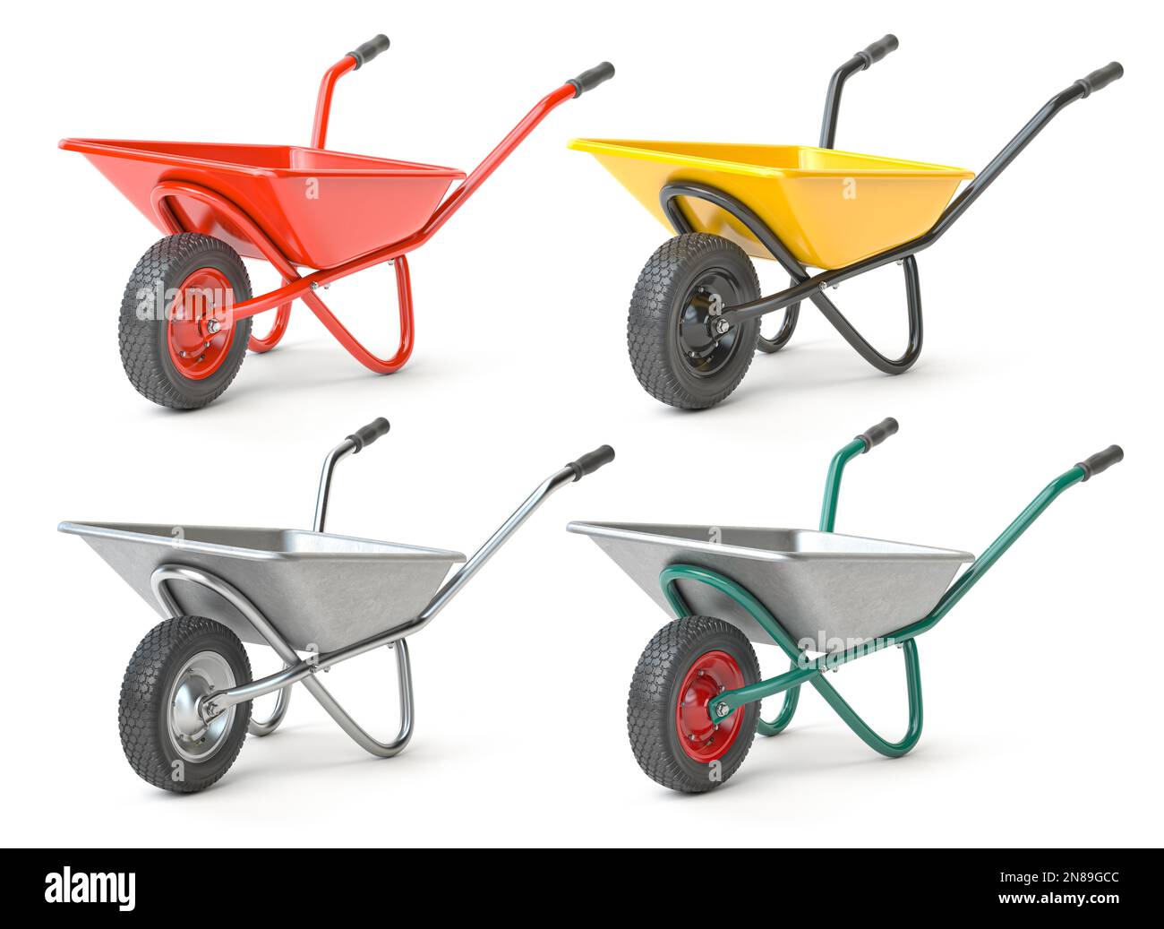 Set of wheelbarrow of different colors isolated on white. 3d ...