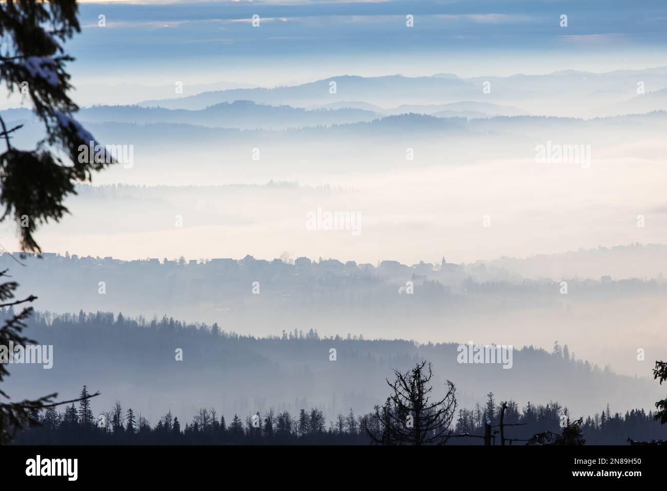 Beautiful, dreamy winter landscape with misty hills and valleys Stock ...