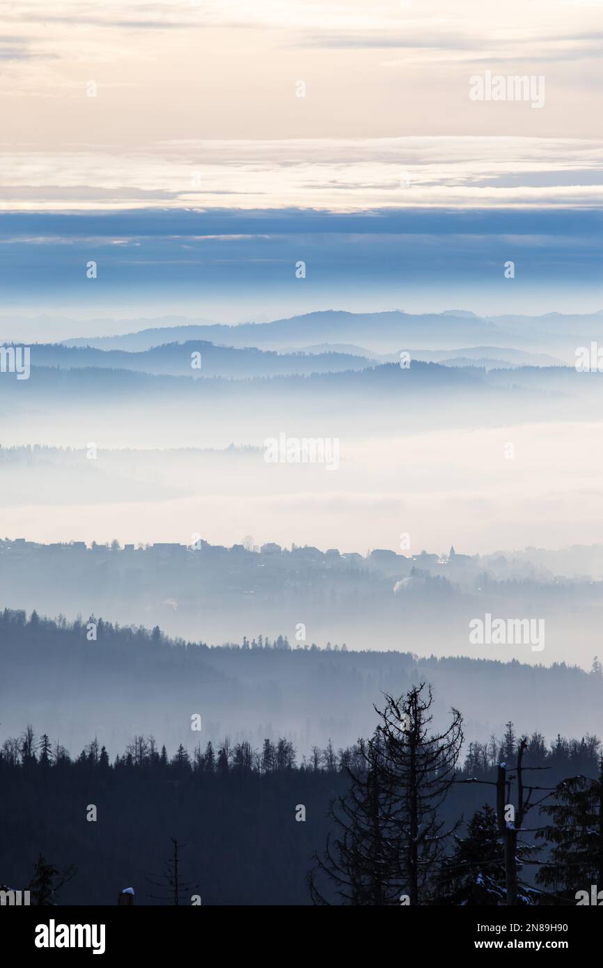 Beautiful, dreamy winter landscape with misty hills and valleys Stock ...