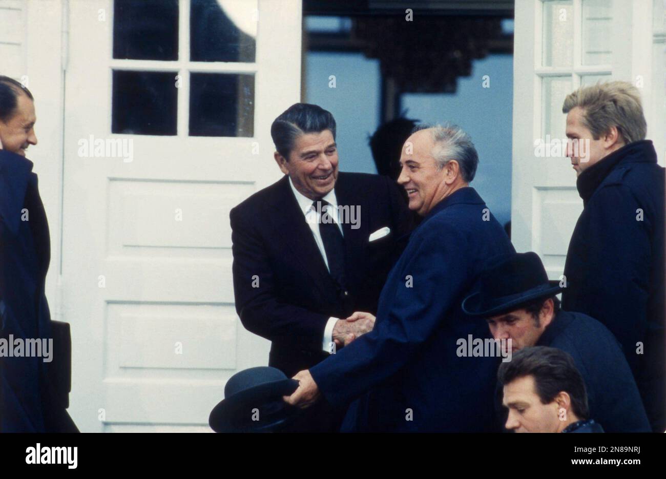 U.S. President Ronald Reagan and Soviet Leader Mikhail Gorbachev shake ...