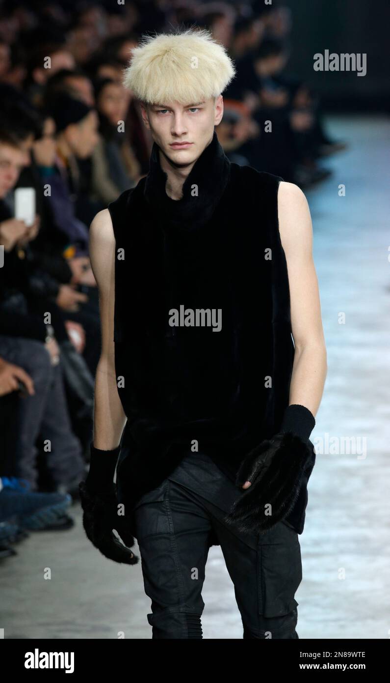 A model wears a creation by U.S fashion designer Rick Owens as part of ...