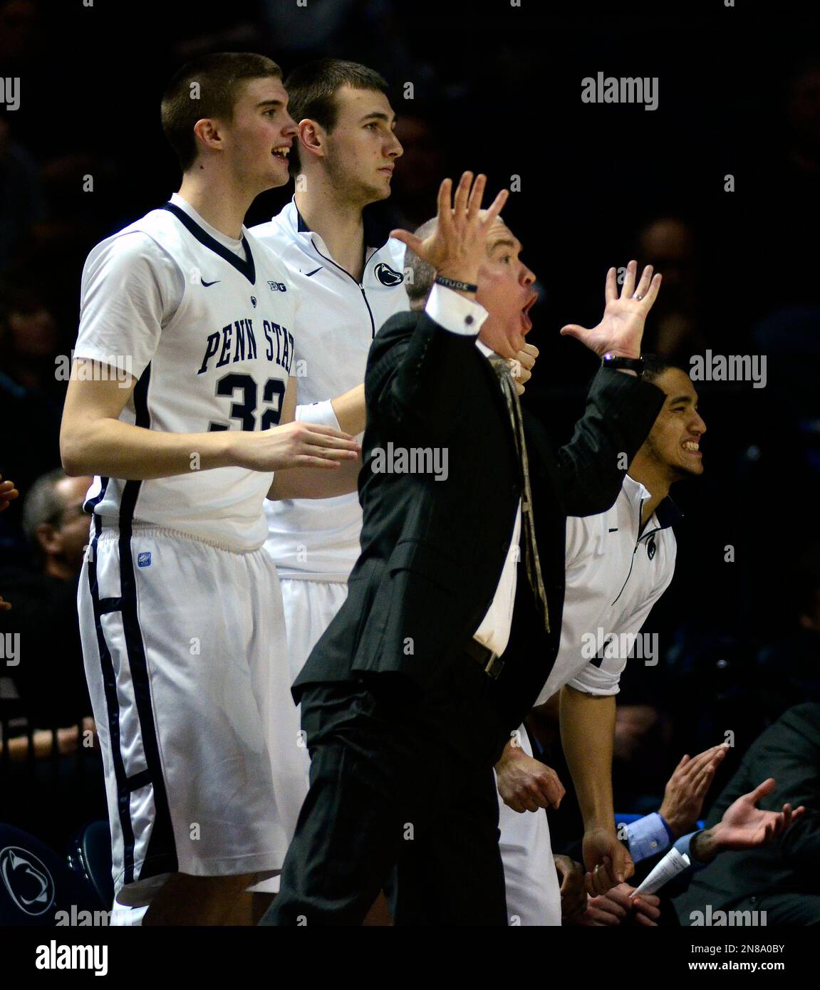 Penn State head coach Patrick Chambers, right foreground, reacts to a ...