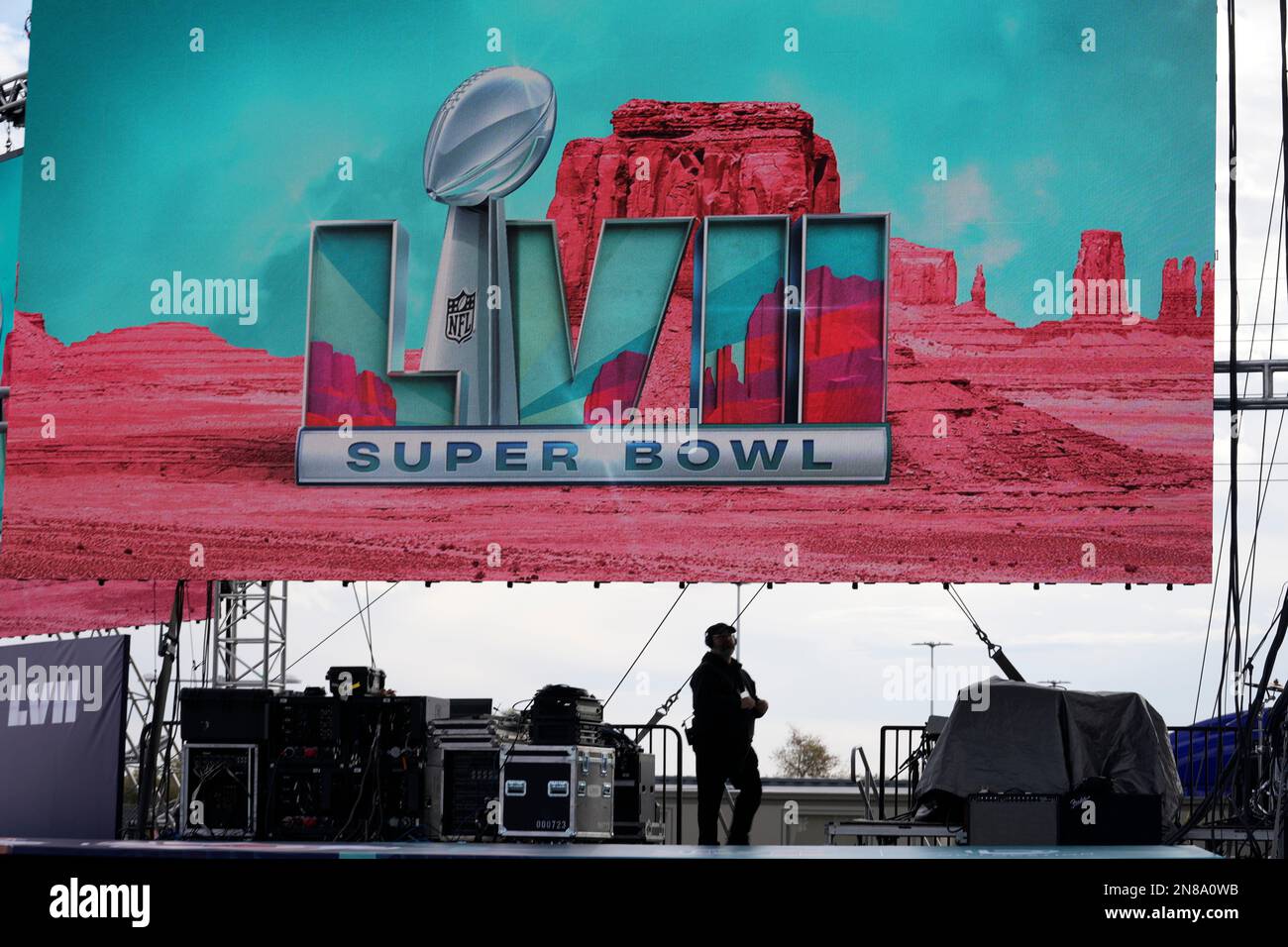 A logo is flashed on a stage outside State Farm Stadium ahead of Super ...
