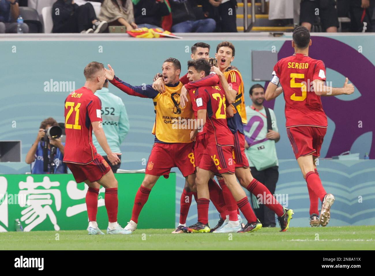 Spanish team celebrates after scoring a goal during the FIFA World Cup ...