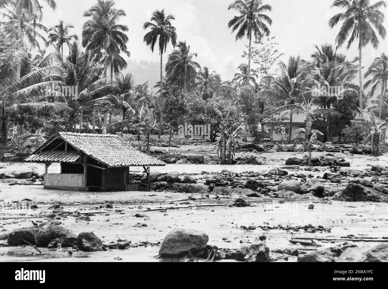 A village at the foot of the Galunggung volcano is shown covered with ...
