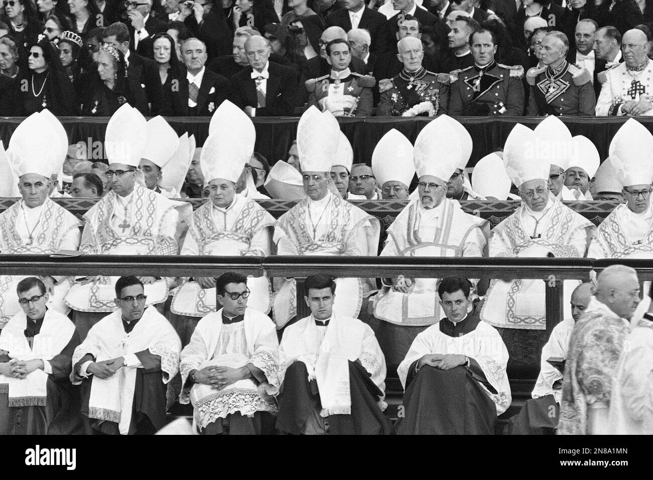 Seated on stand in St. Peter's Square, the Vatican, June 30, 1963 ...