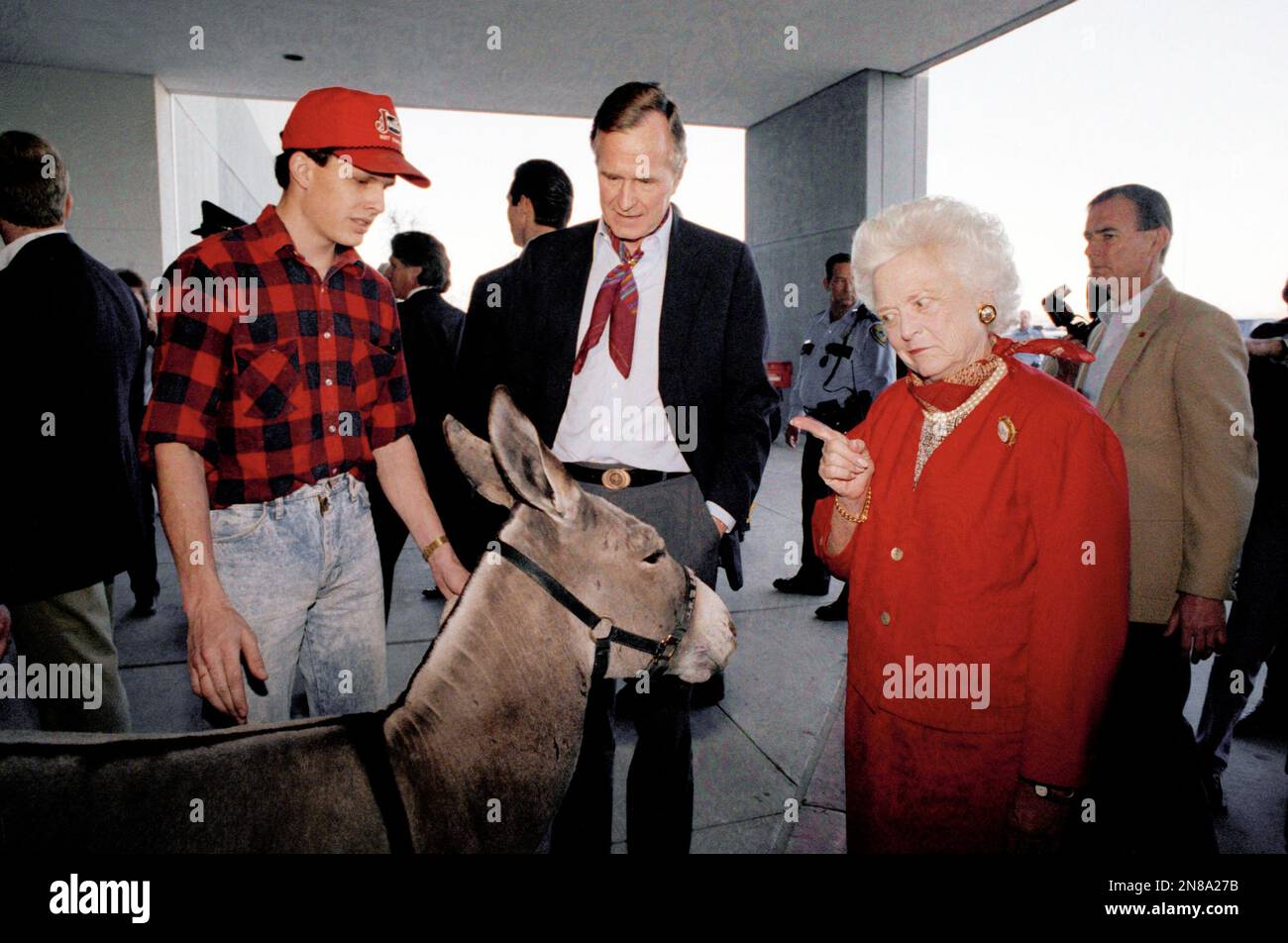First lady Barbara Bush wags a finger at a donkey as President George H ...