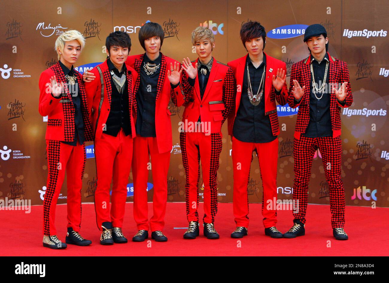 South Korean boy group Teen Top poses for photographers as they arrive on the red carpet ahead ...