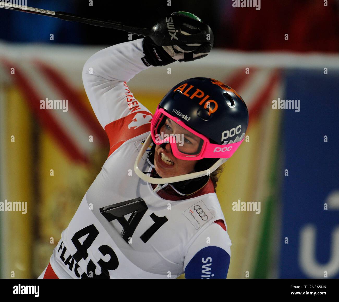 Switzerland's Michelle Gisin reacts at finish line after an alpine ski ...