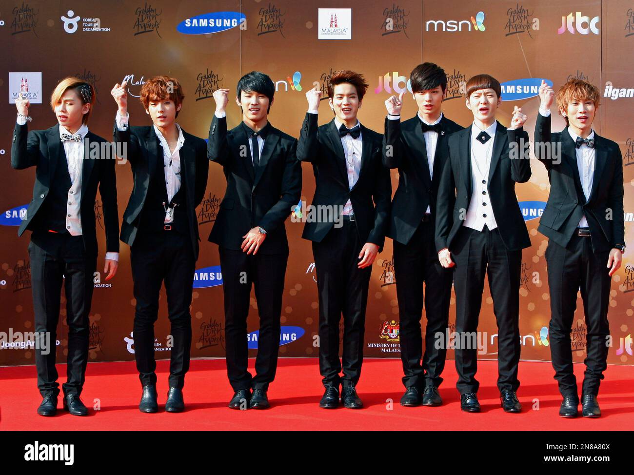 South Korean boy group BtoB pose for photographers as they arrive on the red carpet ahead of the ...