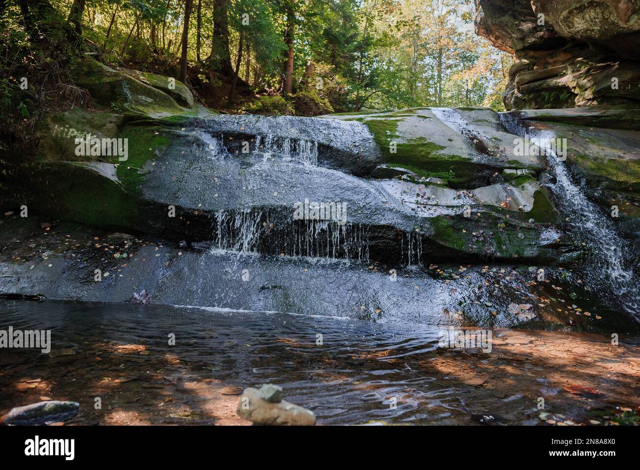 Rocky mountain river among the forest. Beautiful river with a waterfall ...