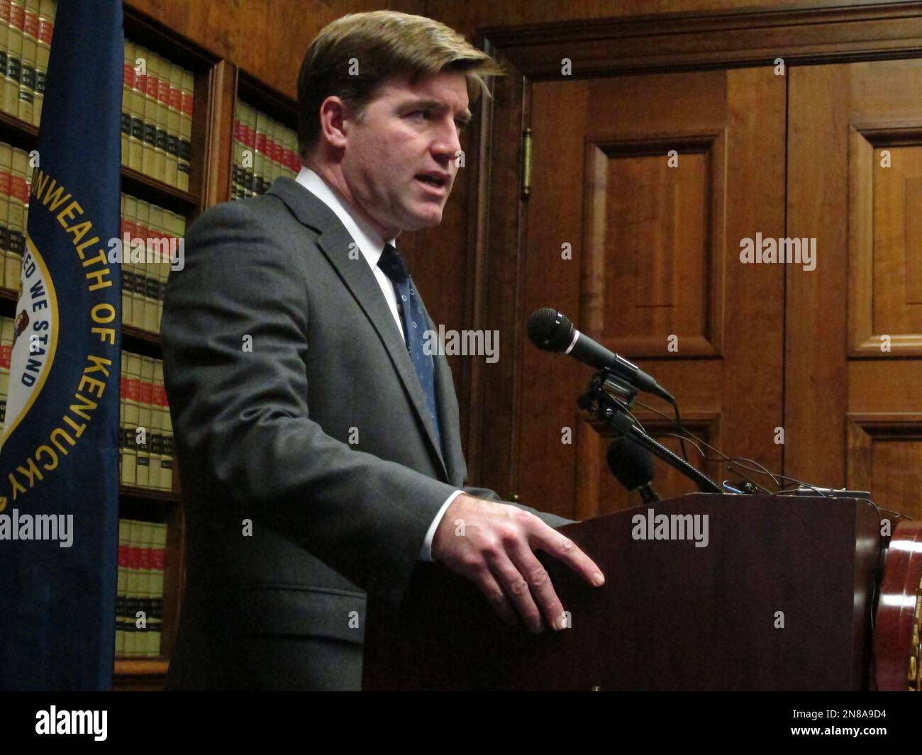 Kentucky Attorney General Jack Conway speaks to reporters at a news ...
