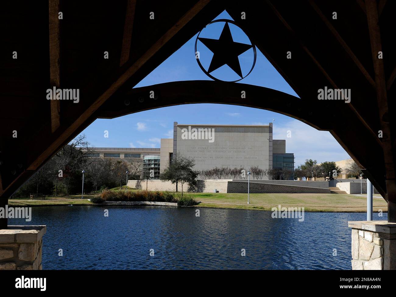 The George H.W. Bush Library is seen framed by a gazebo roof Friday ...