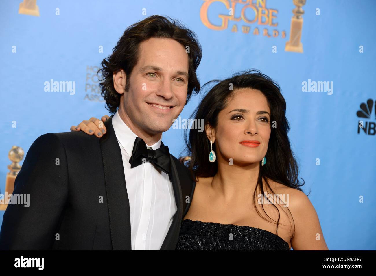 Presenters Paul Rudd, left, and Salma Hayek pose backstage at the 70th ...
