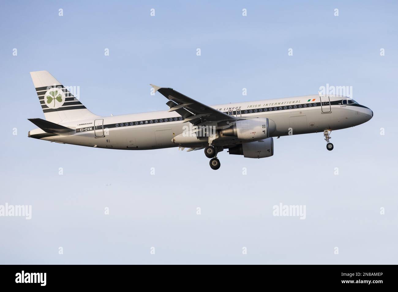 An Aer Lingus Airbus A320, wearing a special retro livery,lands at ...