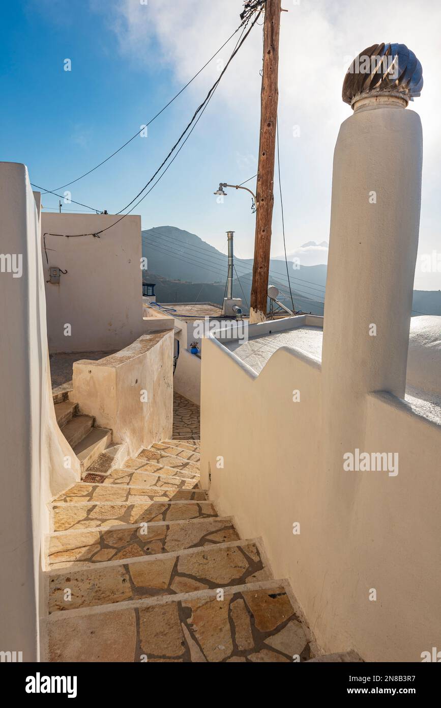 A characteristic alleyway in the picturesque village of Chora, Anafi ...