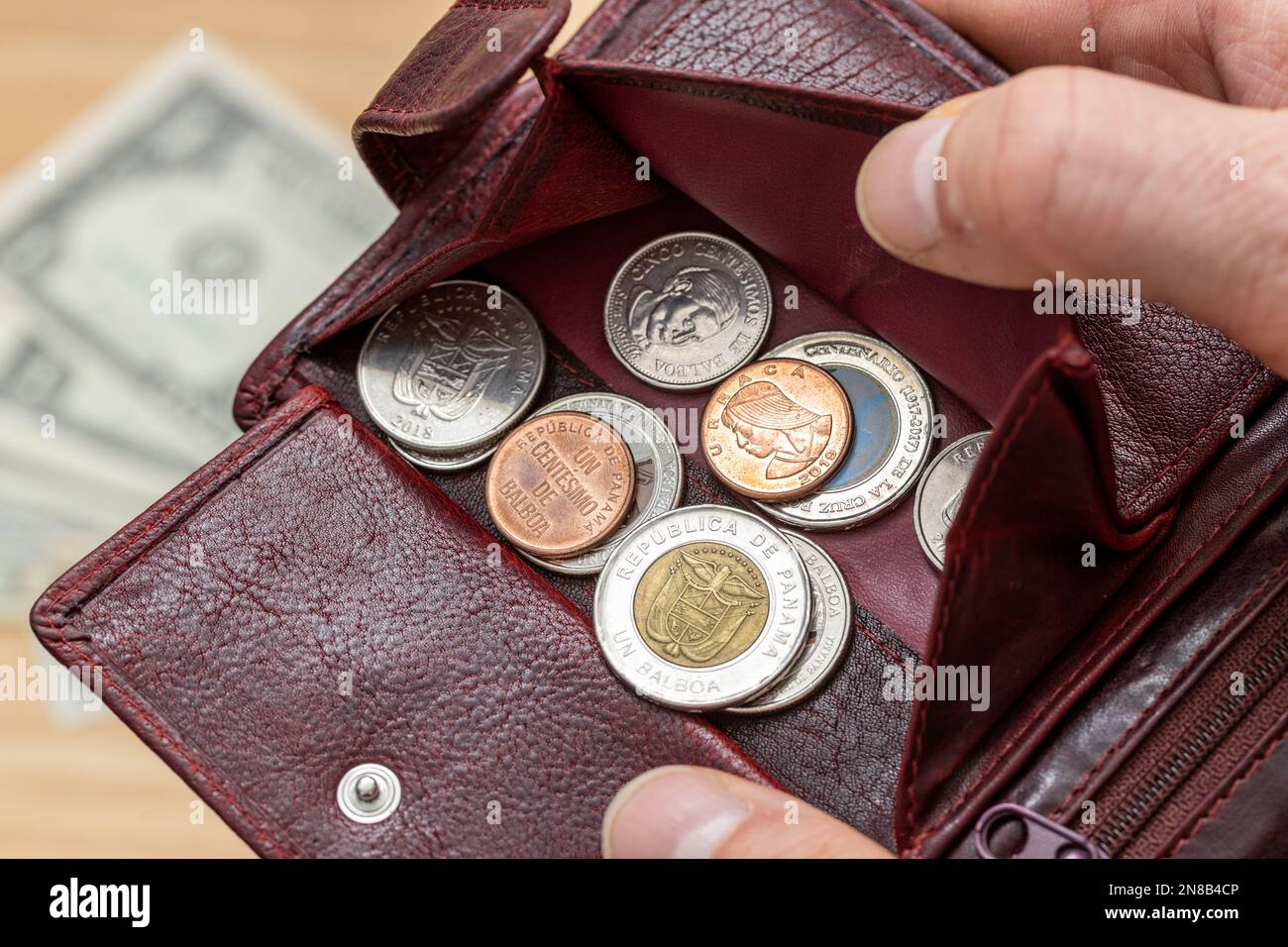 Panama money, Balboa coins in wallet and dollars background, Financial ...