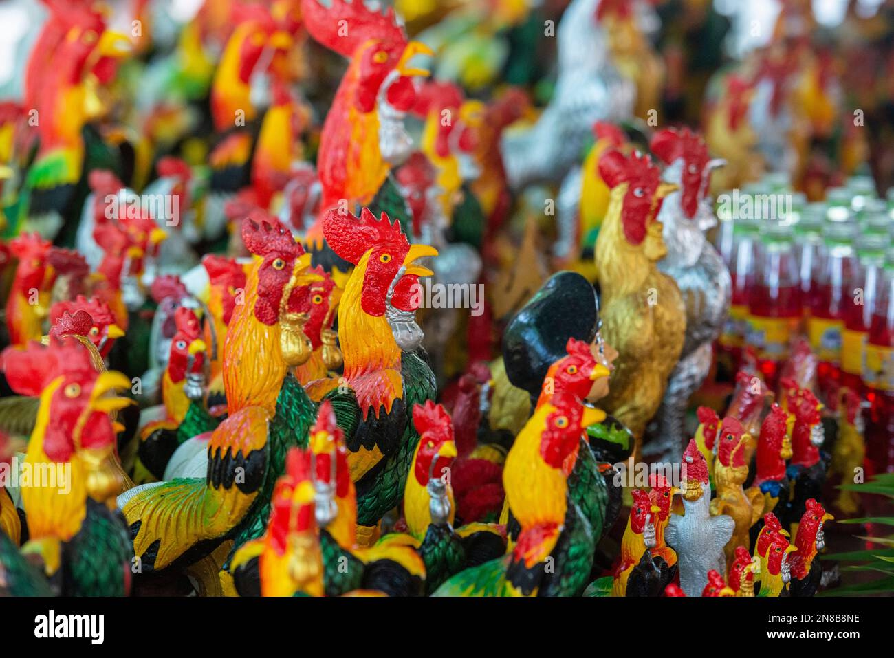 Chicken figures at a King Taksin Monument at the Wat Huay Mongkol near ...