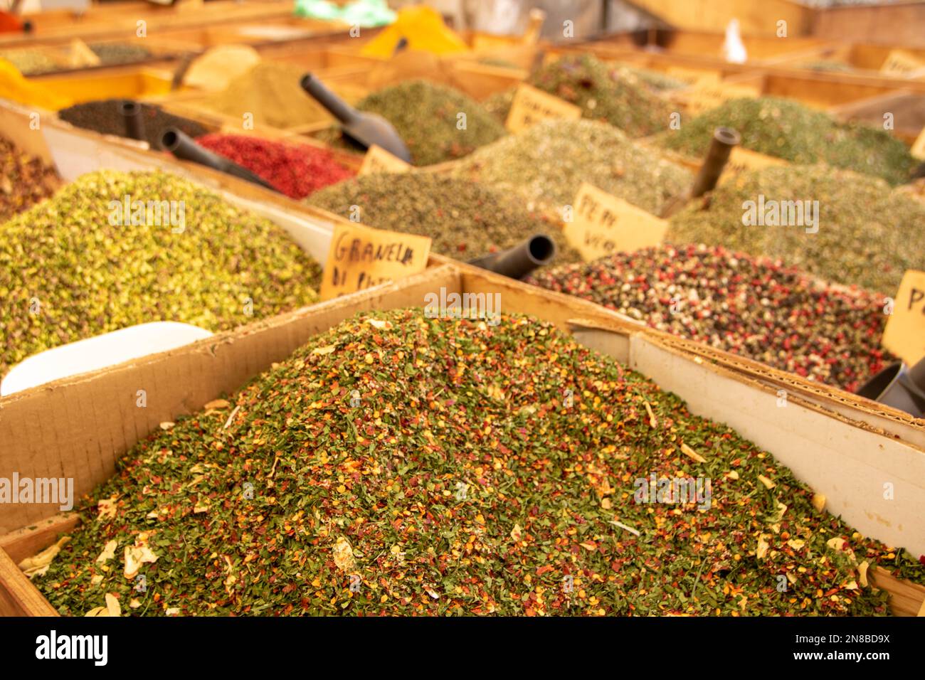 Colorful spice market in Ortigia island, Siracusa, Sicily, Italy Stock ...