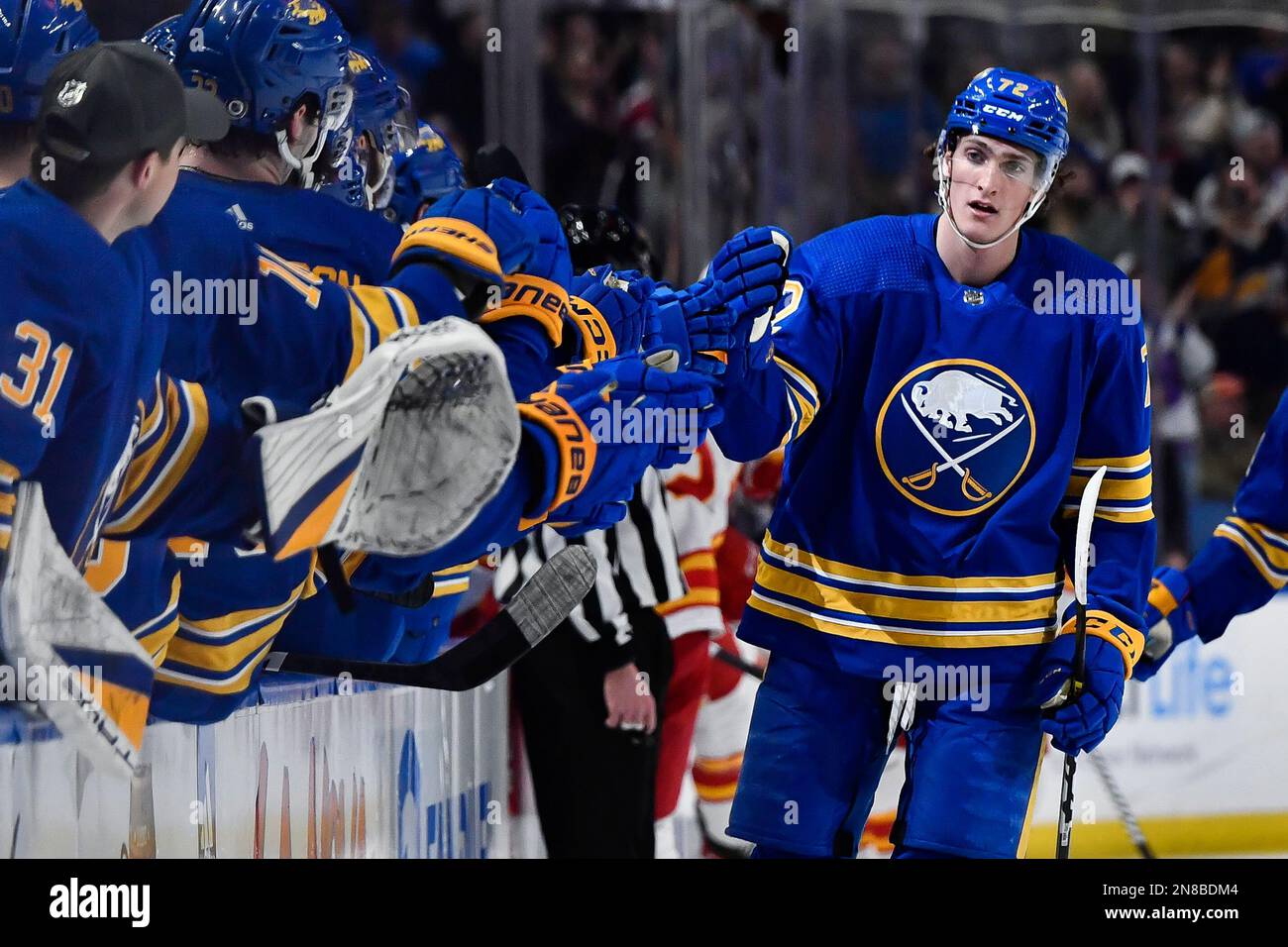 Buffalo Sabres center Tage Thompson, right, celebrates after scoring ...