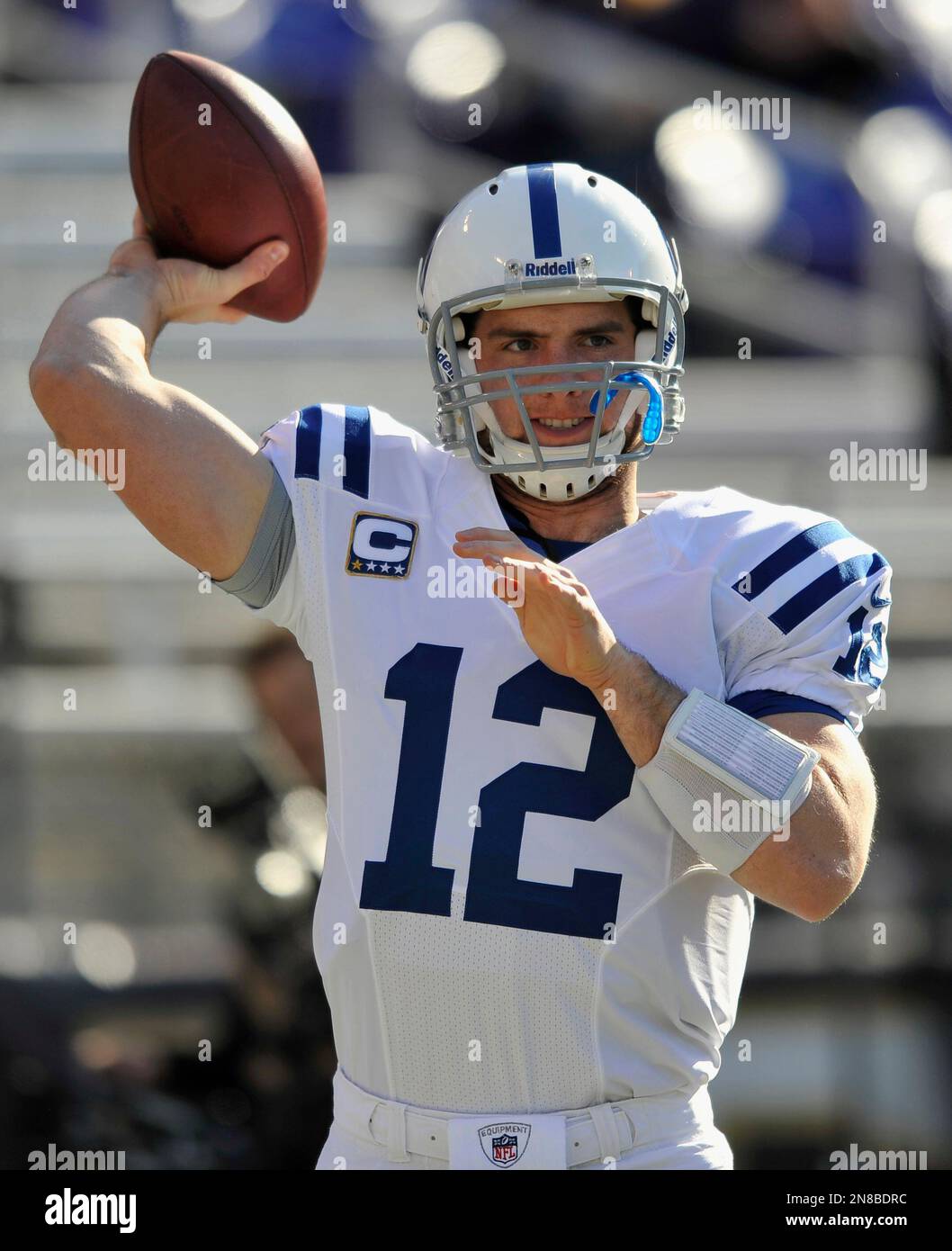 Indianapolis Colts quarterback Andrew Luck warms up before an NFL wild ...
