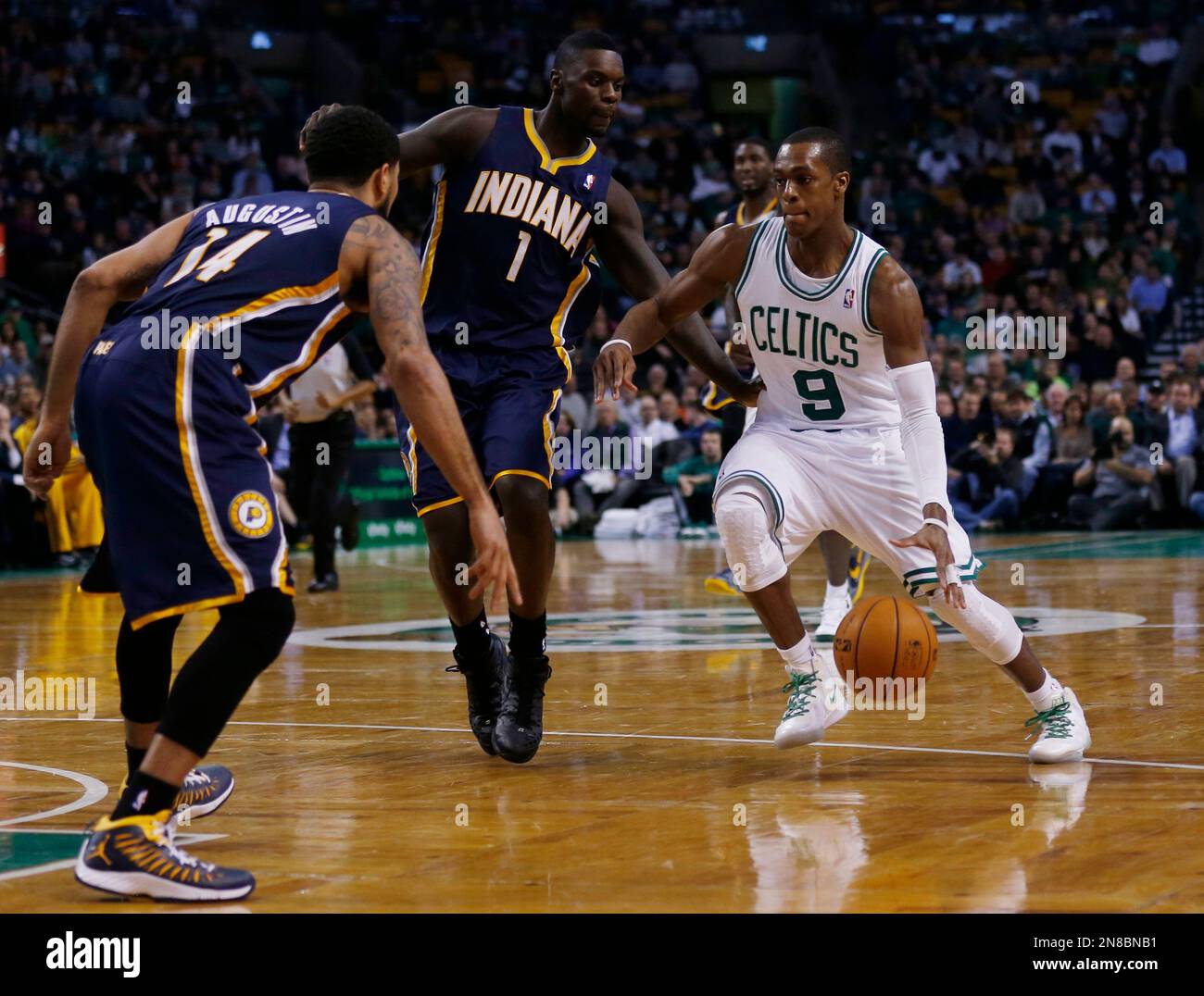 Boston Celtics point guard Rajon Rondo (9) drives against Indiana ...