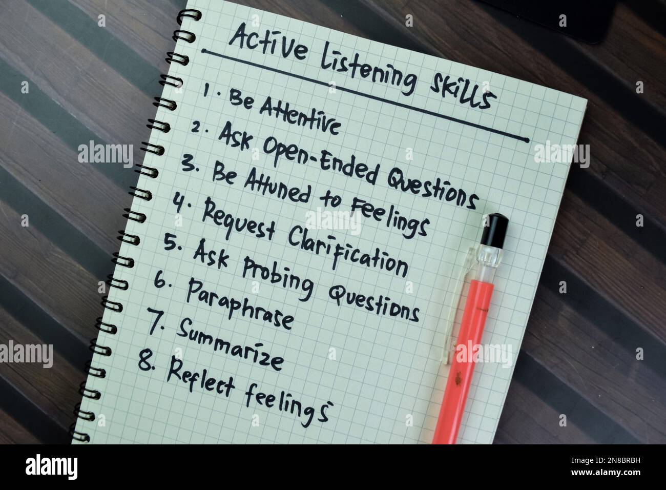 Concept of Active Listening Skills write on book with keywords isolated ...