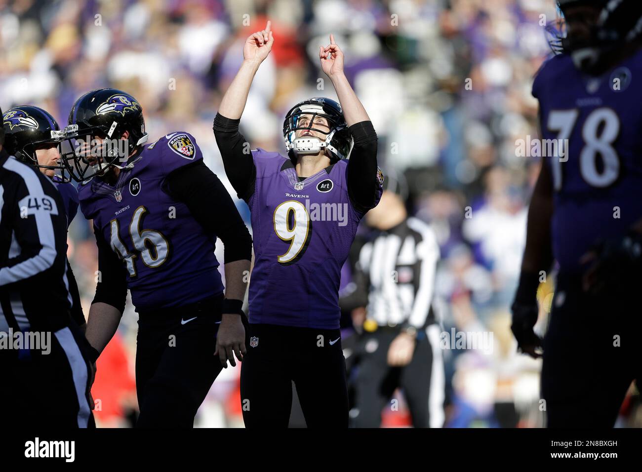 Baltimore Ravens kicker Justin Tucker (9) reacts after kicking a field ...