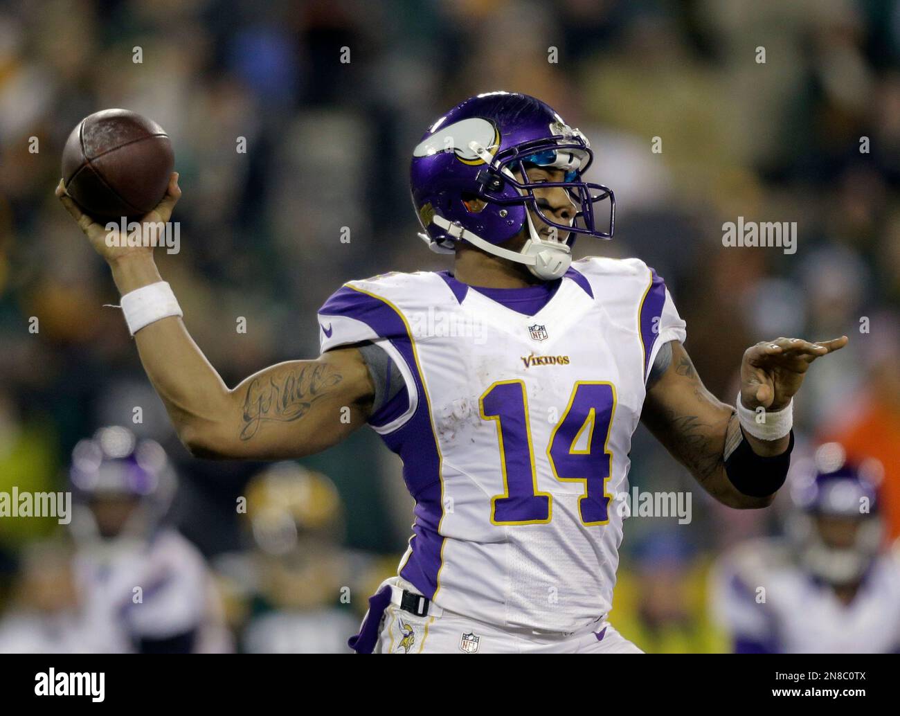 Minnesota Vikings quarterback Joe Webb (14) throws a pass during the ...