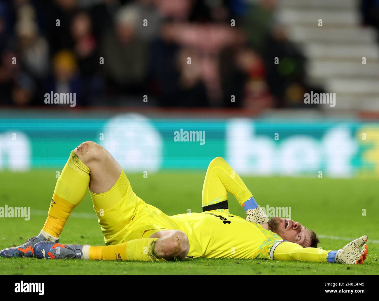 Bournemouth goalkeeper Neto reacts to an injury during the Premier ...