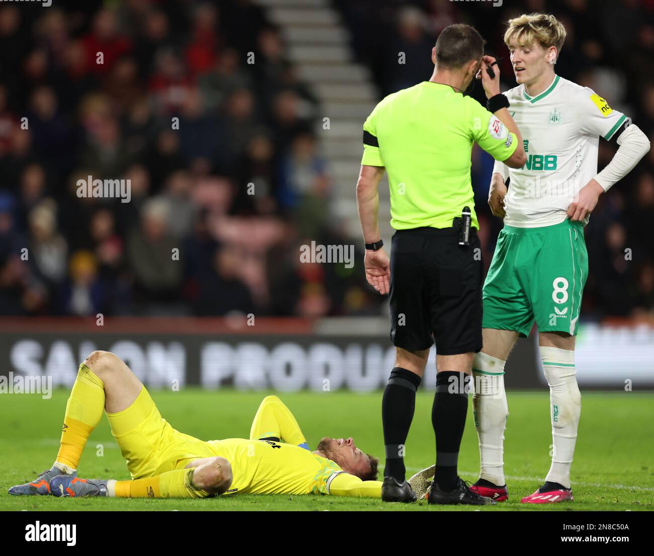 Bournemouth goalkeeper Neto reacts to an injury during the Premier ...