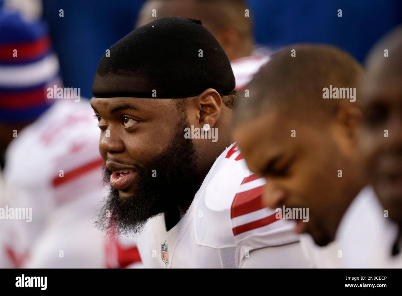 New York Giants defensive tackle Linval Joseph looks on from the bench ...