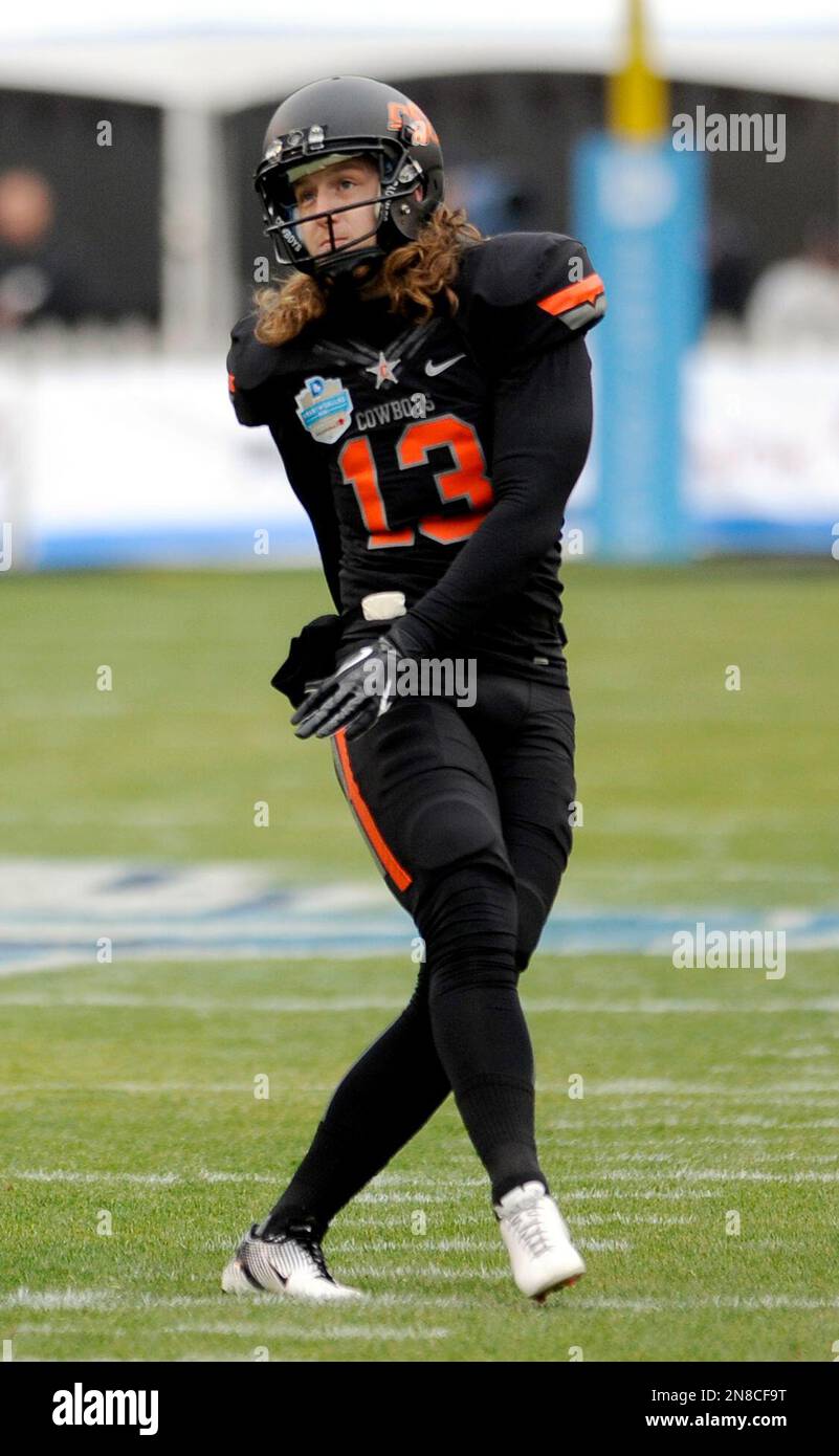 Oklahoma State kicker Quinn Sharp watches a kick before the Heart of ...